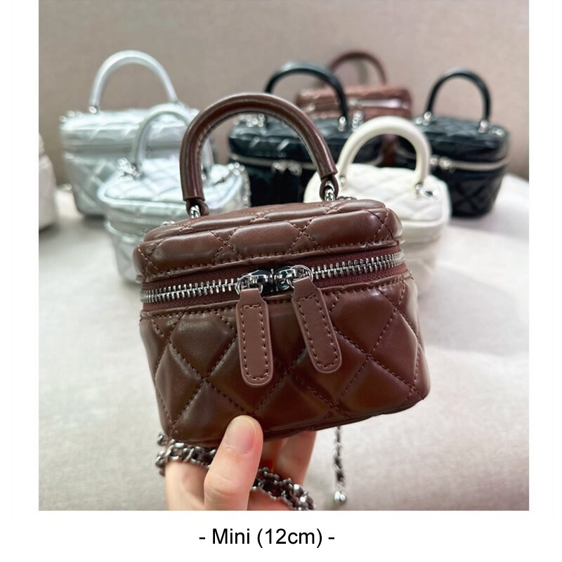 Mini Quilted Real Leather Vanity Case Box Purse Clutch Tote Shoulder ...