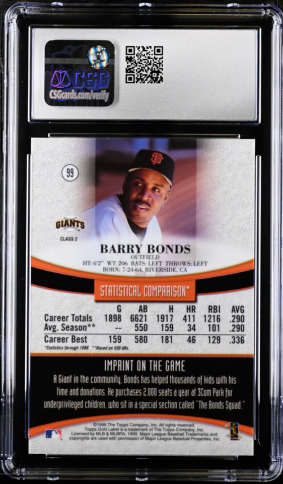 ⭐️ BARRY BONDS 1999 TOPPS GOLD CLASS 2 REFRACTOR #99 CSG 9.5 MINT ...