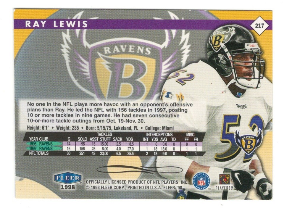 Ray Lewis 1998 Fleer Tradition #217 Football Card | eBay