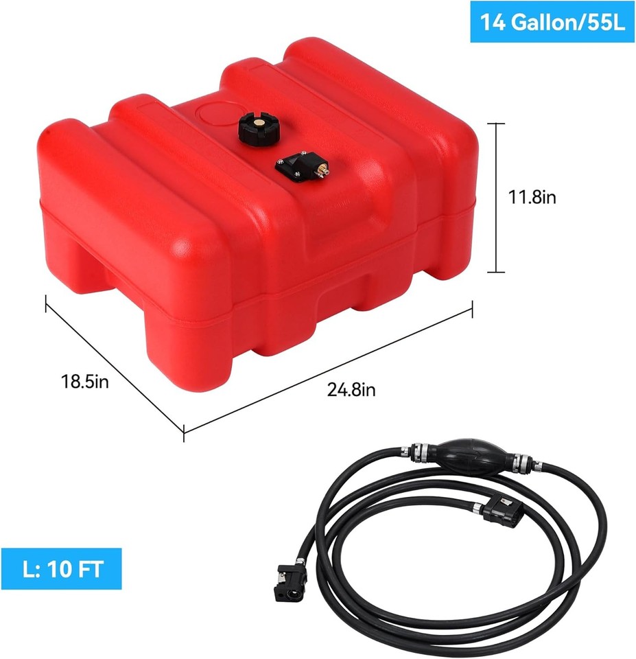 55 L / 12 Gallon Boat Fuel Tank Portable Marine Outboard Gas Tank w/ 10 ...