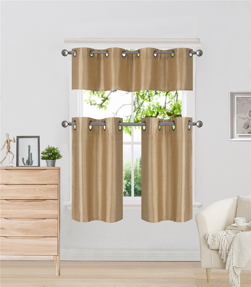 3pc SET KITCHEN GROMMET WINDOW CURTAIN DRESSING WITH 2 TIER & VALANCE ...