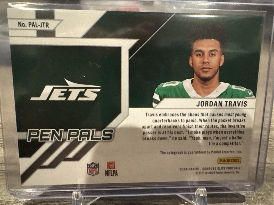 2024 Donruss Elite JORDAN TRAVIS Pen Pals Auto On-Card New York Jets RC ...