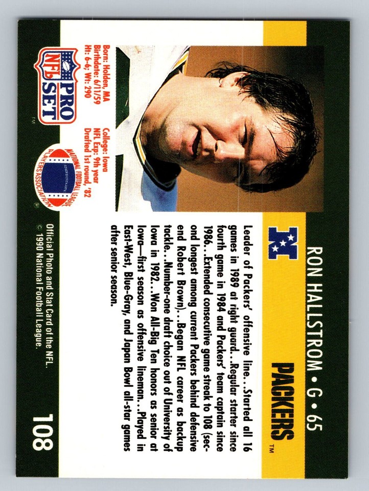 1990 Pro Set #108 Ron Hallstrom RC Rookie Green Bay Packers | eBay