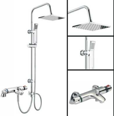 Thermostatic Bath Shower Mixer Tap With Square 3 Way Shower Rigid Riser ...