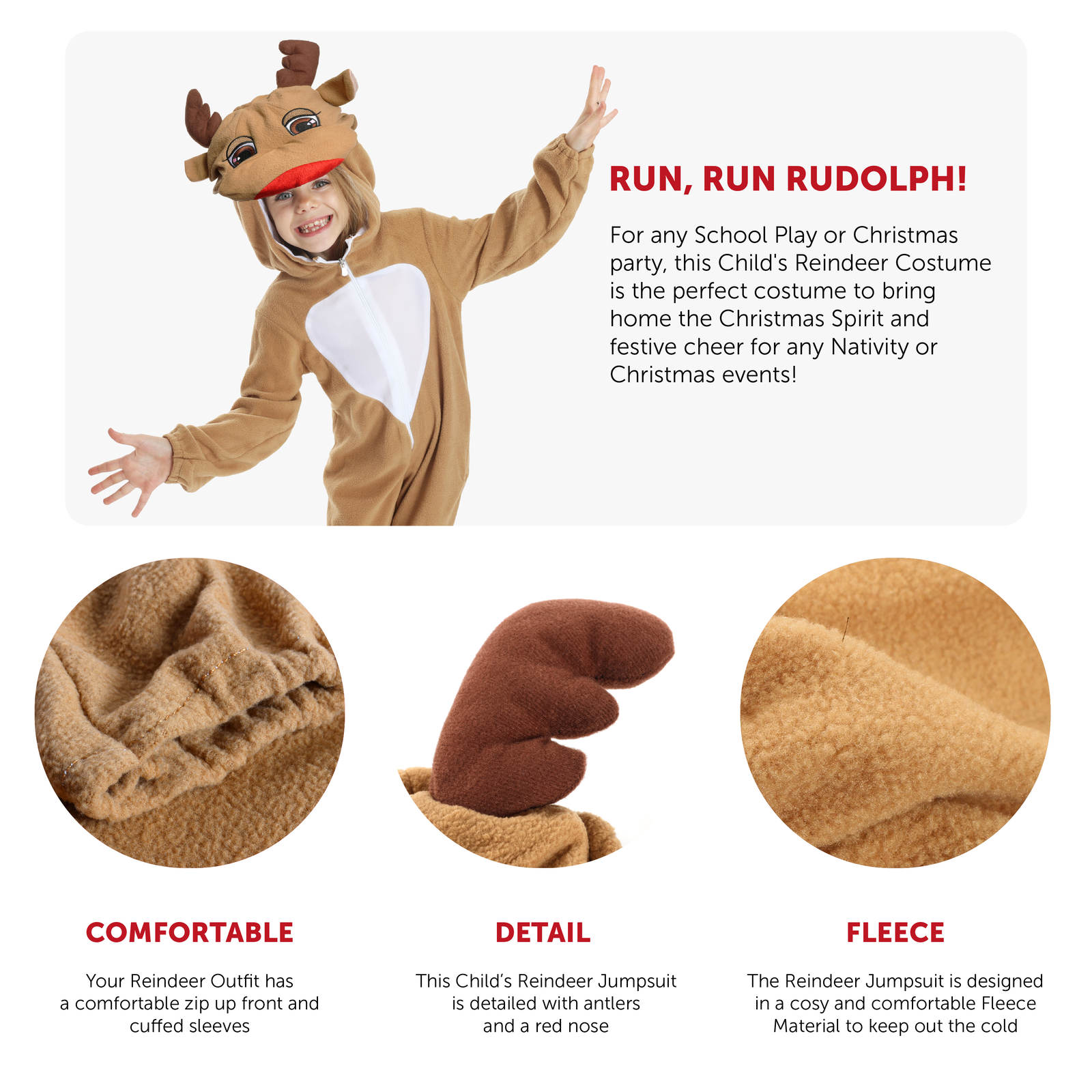 CHILDS REINDEER COSTUME RUDOLPH JUMPSUIT ANIMAL CHRISTMAS FANCY DRESS ...