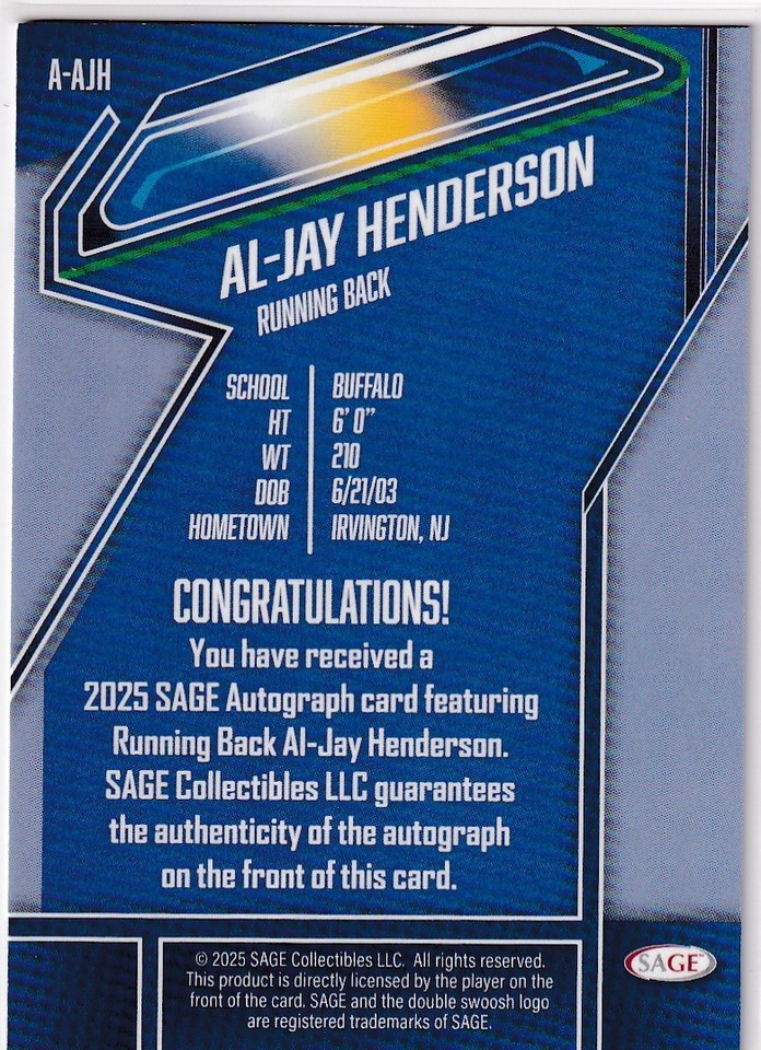 2025 SAGE FOOTBALL AUTOGRAPHS RC AL-JAY HENDERSON BUFFALO AUTO ROOKIE ...