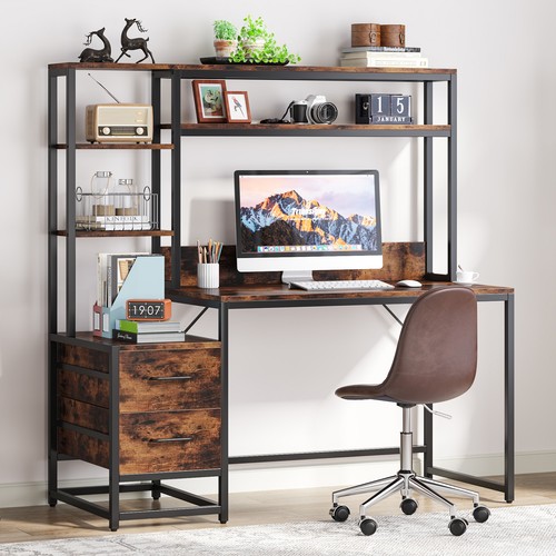 Rustic Computer Desk with Hutch Shelf Gaming Study Writing Table with 2 ...