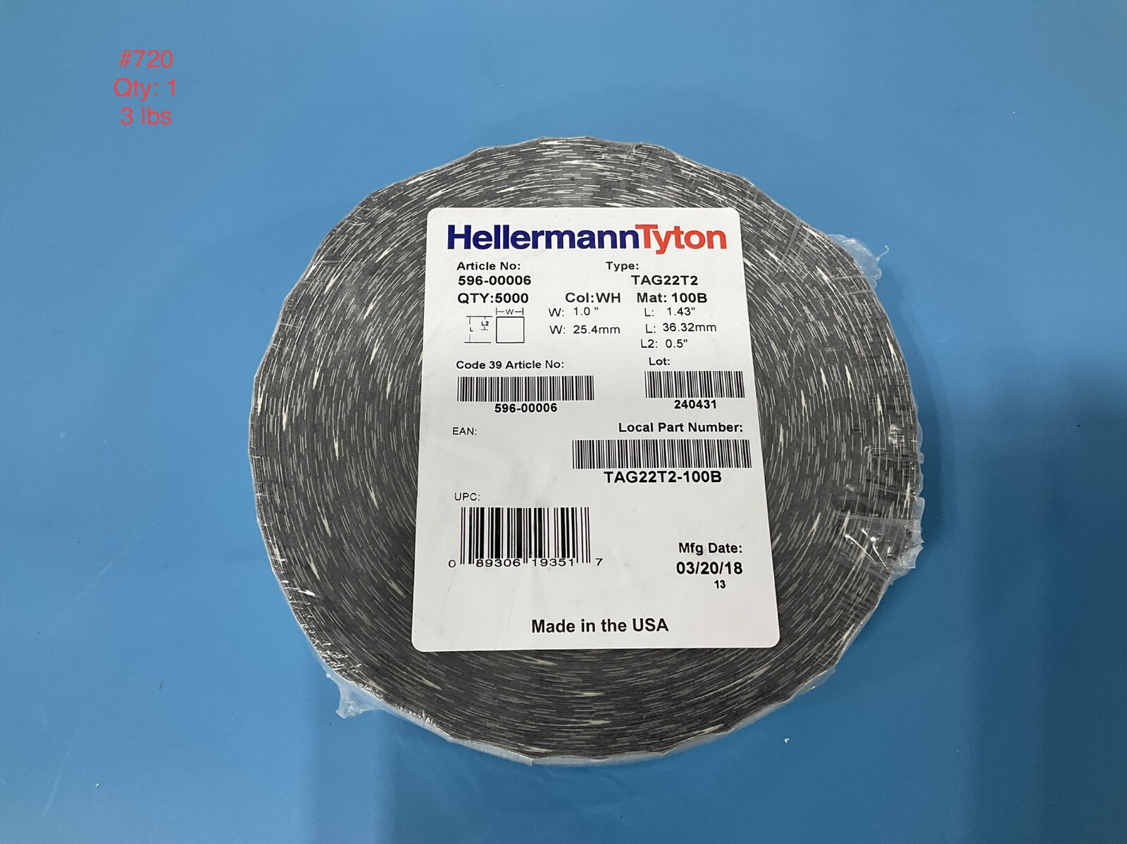 LABELS 596-00006 HELLERMANNTYTON TYPE TAG22T2 Therm Tr Labels, SL, 1"/2 ...
