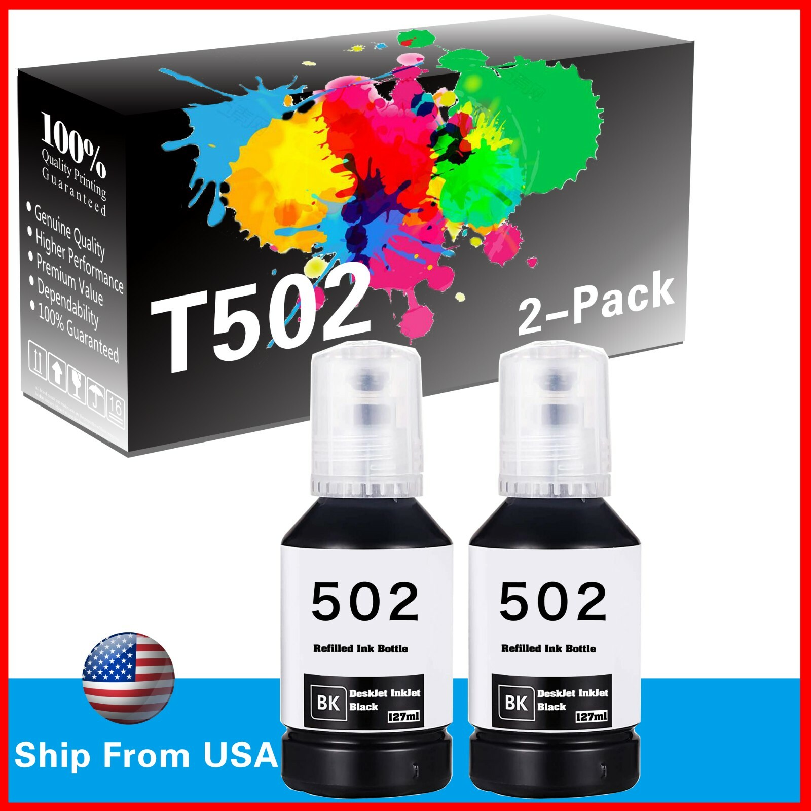 2 PK 127ml T502 T-502 Black ink bottle for Epson Expression ET-2700 ET ...