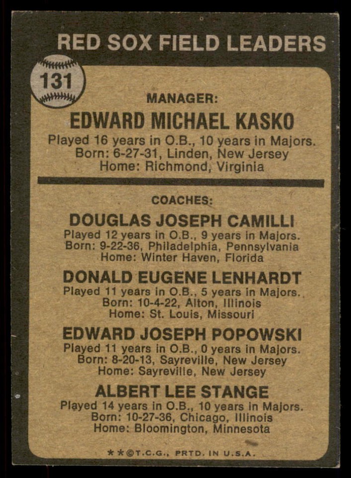 1973 Topps Eddie Kasko MGR #131 Boston Red Sox | eBay