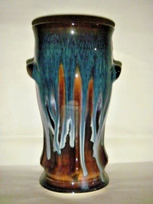 BILL CAMPBELL FLAMBEAU DRIP GLAZE ART POTTERY VASE SIGNED 10" HANDLES ...