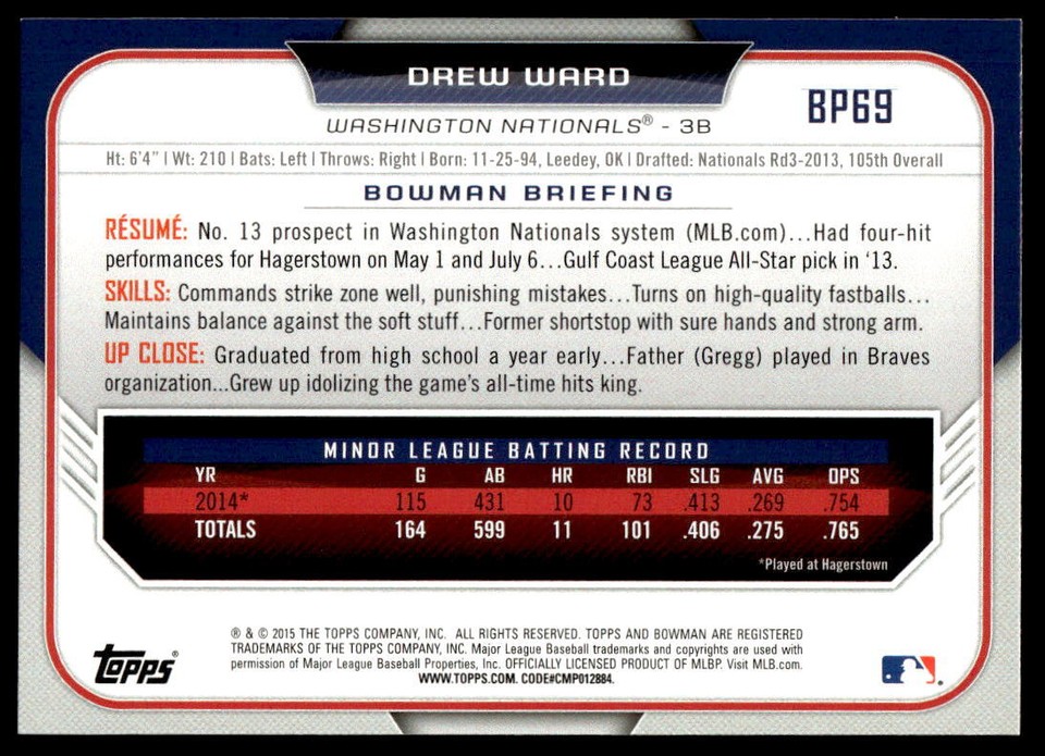 2015 Bowman #BP69 Drew Ward Prospects Yellow Washington Nationals | eBay