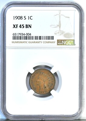 1908-S 1C Indian Head Cent NGC GRADED XF 45 BN San Francisco Coin 2232 ...