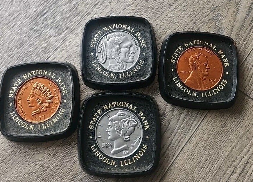 Set 4 Plastic Rare Coin Coasters Lewisburg Natl Bank 3 3/4" Sq Orig VGC ...