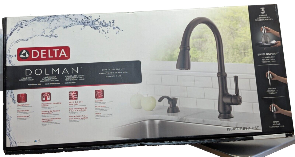Delta Dolman Single Handle Pull-Down Kitchen Faucet w/Soap Venetian ...