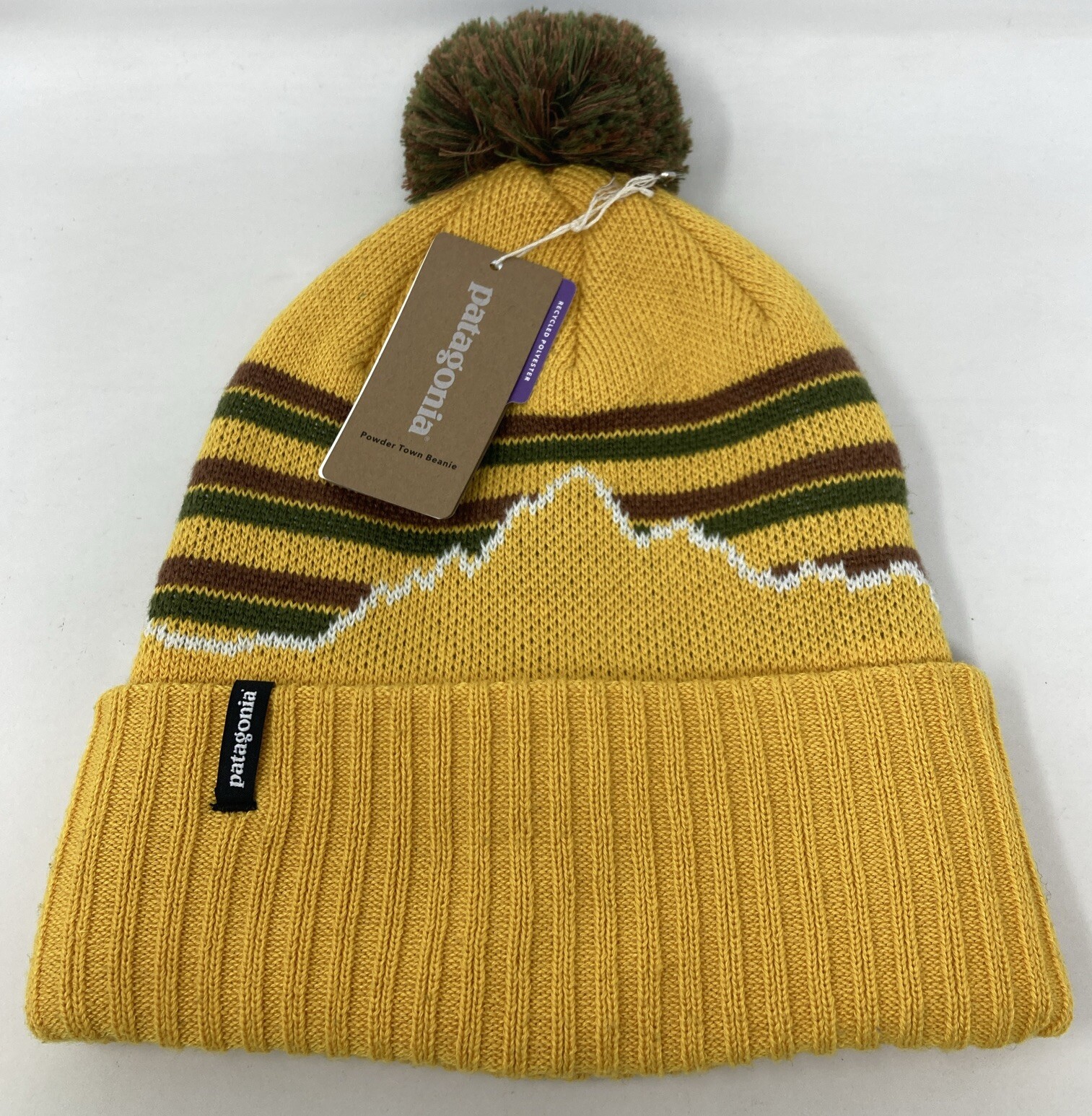 Patagonia Powder Town Beanie Fitz Roy Stripe Knit Cabin Gold Winter Hat ...