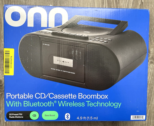 0nn Onn Portable CD Cassette Boombox Bluetooth FM Radio Bass Boost NEW ...