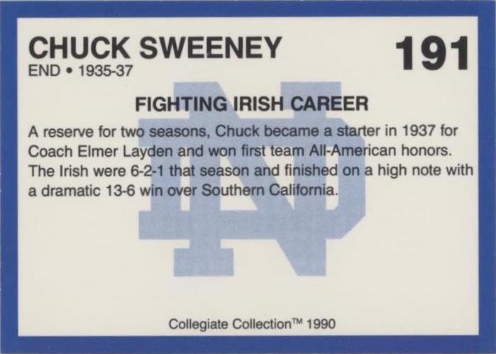1990 Collegiate Collection University of Notre Dame Charles Swann #191 ...