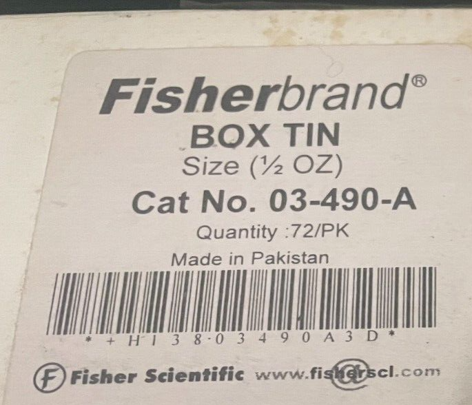 Fisher Scientific Fisherbrand Box Tin Catalog Number 03-490-A,Size ½ OZ ...