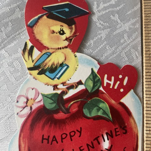 Vtg Valentines Day Card Single side Duck Chick Yellow Teacher Apple | eBay