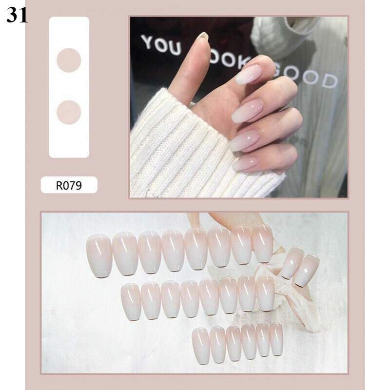 24PCS False Reusable Fake Nails Stick Press On Full Cover Artificial ...