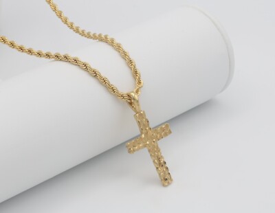 Gold Nugget Crucifix Necklace, 3mm Rope Chain, 14k Gold Plated | eBay