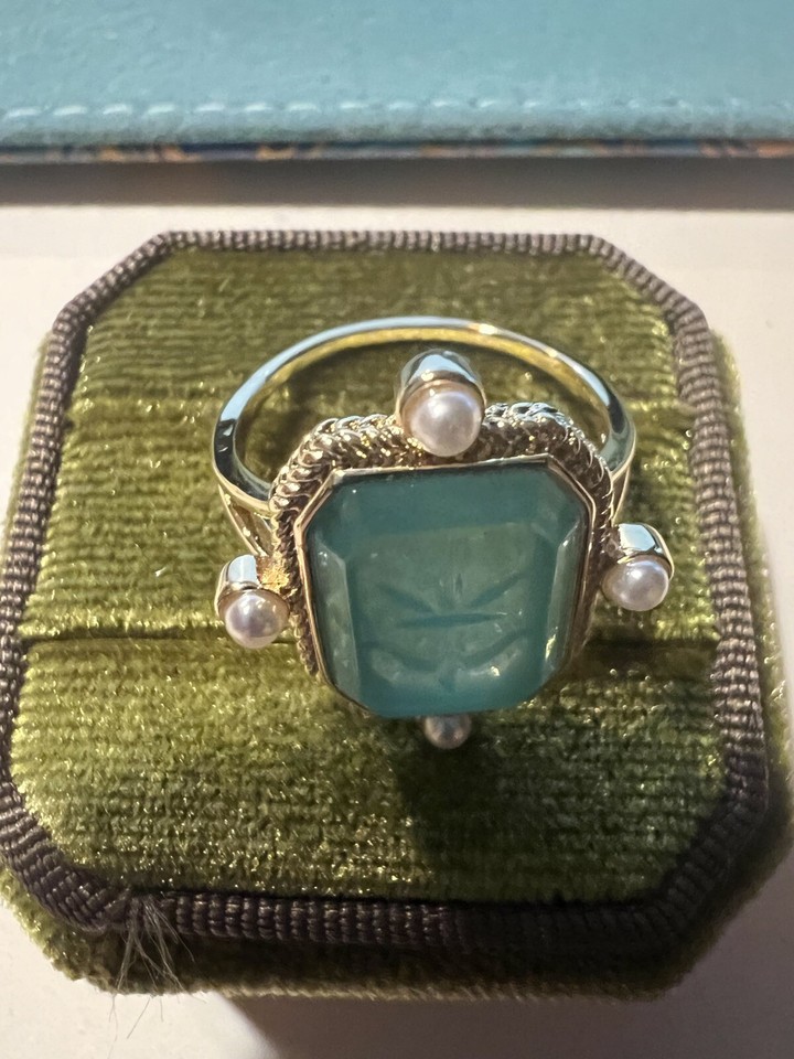 Museum Edwardian Intaglio Ring Size 6 Green Pearl Gold Cameo Flower Aqua Blue | eBay