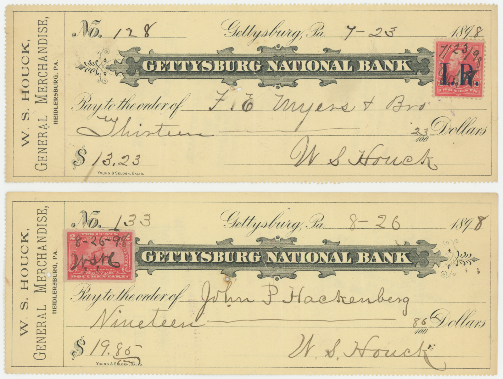 Lot of 2 Gettysburg National Bank checks, Provisional Stamps ...