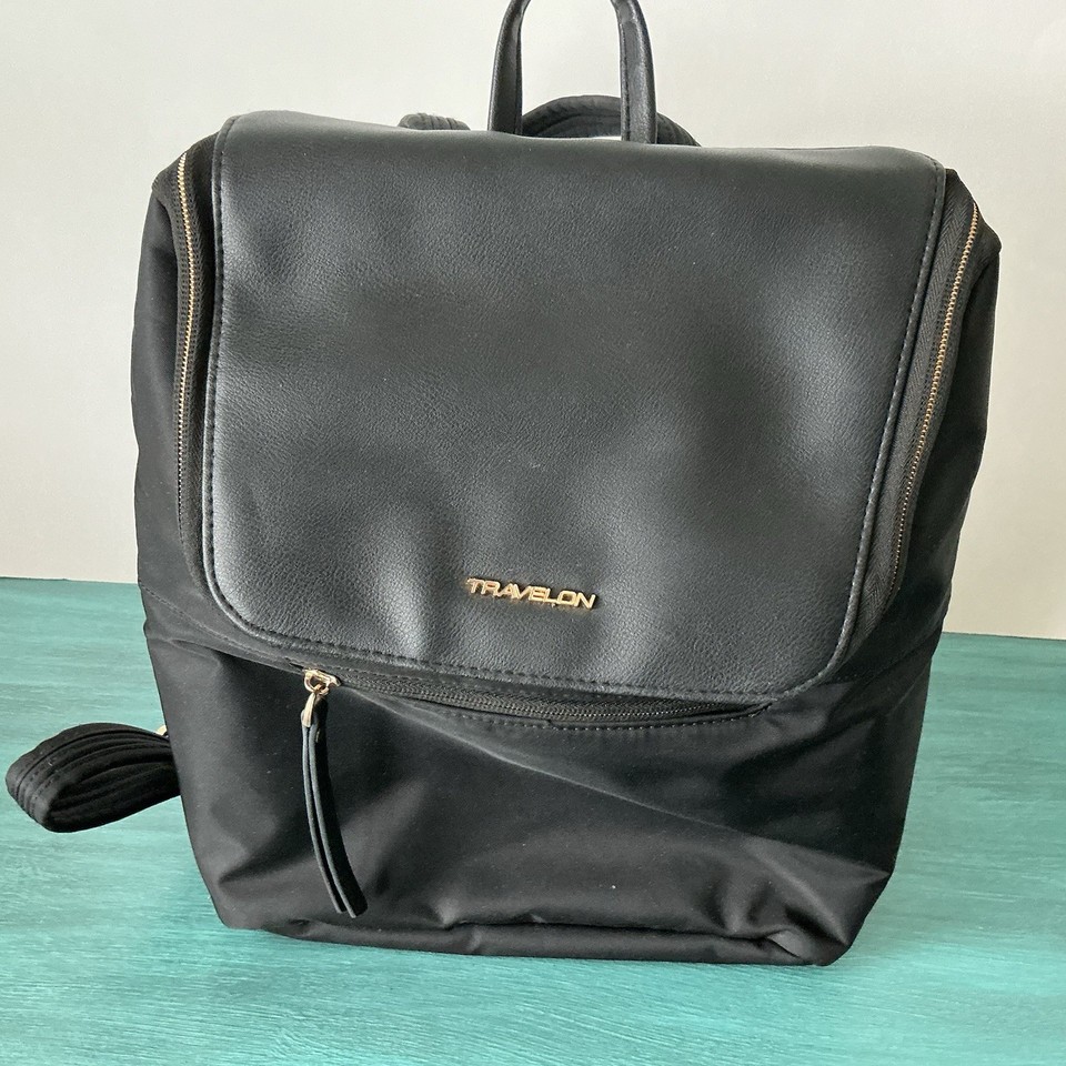 Travelon Anti-Theft Addison Backpack Black Nylon Vegan Leather Travel ...