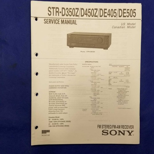 SONY STR-D350Z STR-D450Z STR-DE405 STR-DE505 Service Manual Original Paper OEM R | eBay