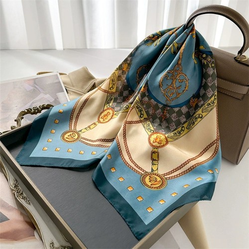2pcs Luxury Silk Feel Square Scarf Blue Gold Chain Medallion Print ...