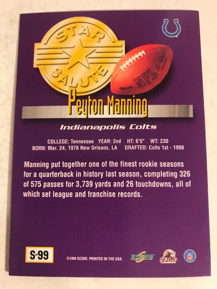 Peyton Manning 1999 Score Supplemental Star Salute Card #S-99, Colts ...
