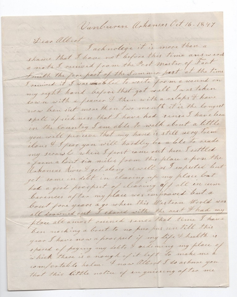 1847 Van Buren, Arkansas stampless FRONTIER LETTER, Farming, Travel ...
