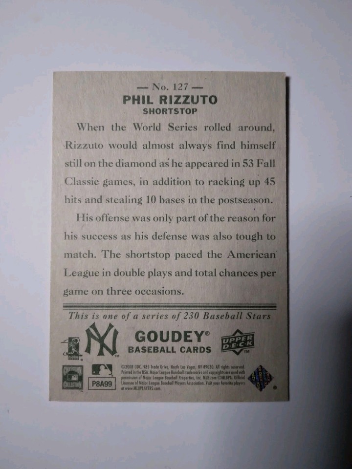PHIL RIZZUTO SP 2008 UPPER DECK GOUDEY NEW YORK YANKEES HALL OF FAME ...