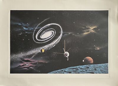 Rare vintage RAY SHLEMON spacecraft Voyager 2 mission lithograph poster ...