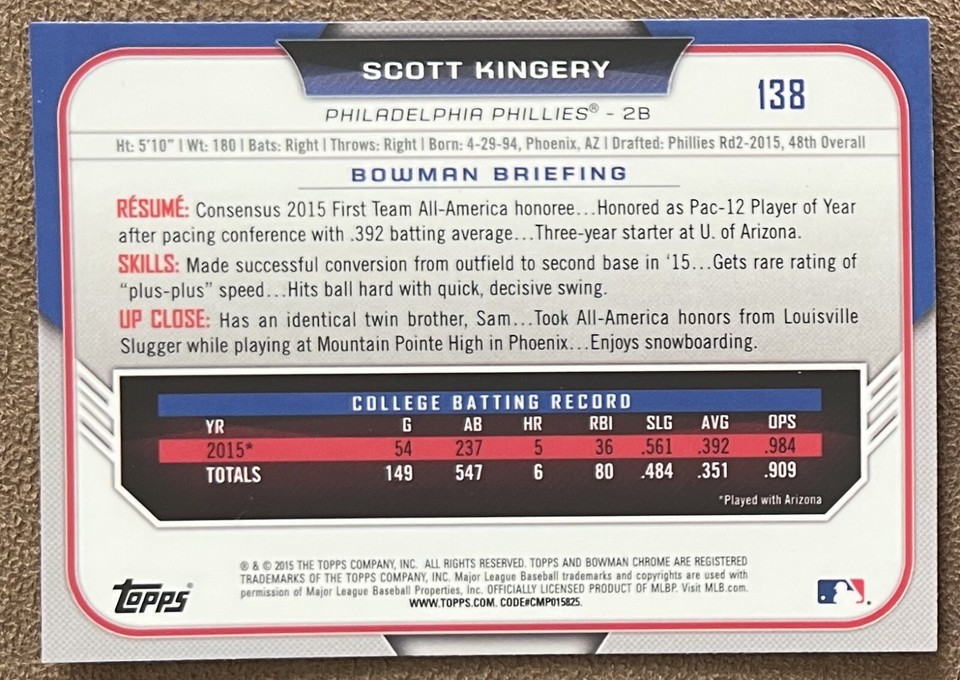 Scott Kingery 2015 Bowman Chrome Refractor #138 Parallel Phillies ...
