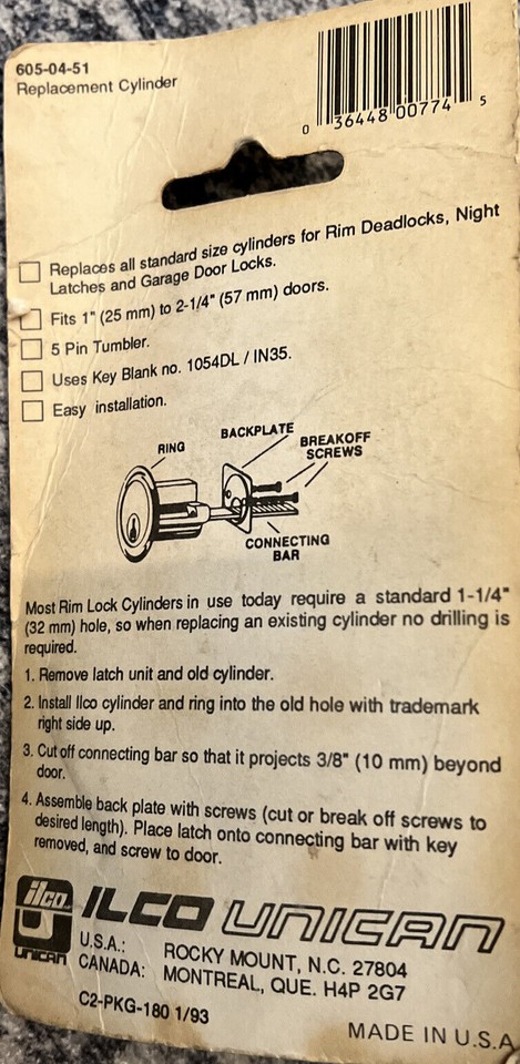 ILCO UNICAN KEYED REPLACEMENT CYLINDER, BRASS, 605-04-51 | eBay