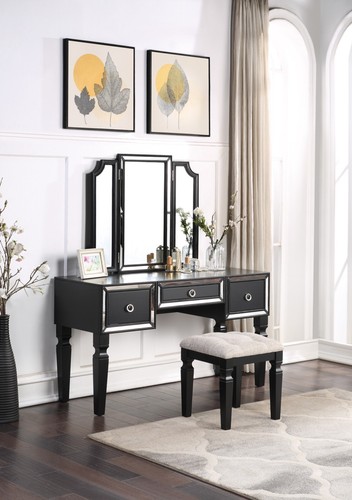 Luxurious Bedroom Vanity Set w Stool Black Color Drawers Tri-Fold ...