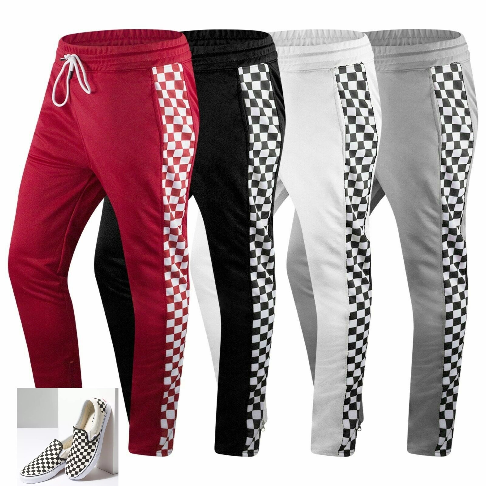 Checkered Track Pants Printed Tape Colorblock Premium Slim fit three ...
