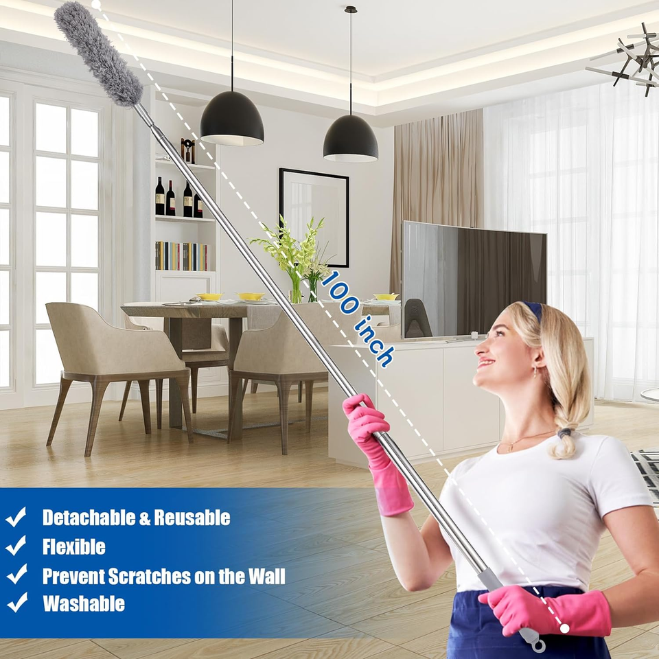 Feather Duster with 30-100 Inches Adjustable Long Pole,Extendable ...