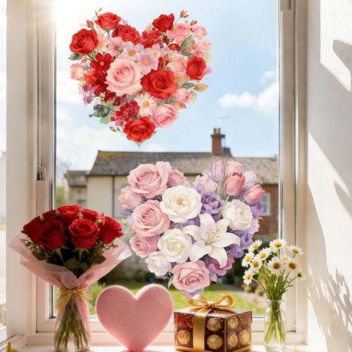 Pink Floral Heart Window Art Sticker 1 set 2pcs Static Cling for Doors ...