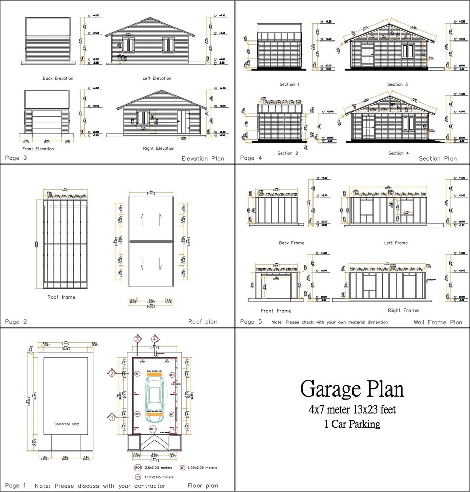 13x23 Feet 4x7 Meter 1 Car Garage Gable Roof Shed Plan PDF Plans (A4 ...