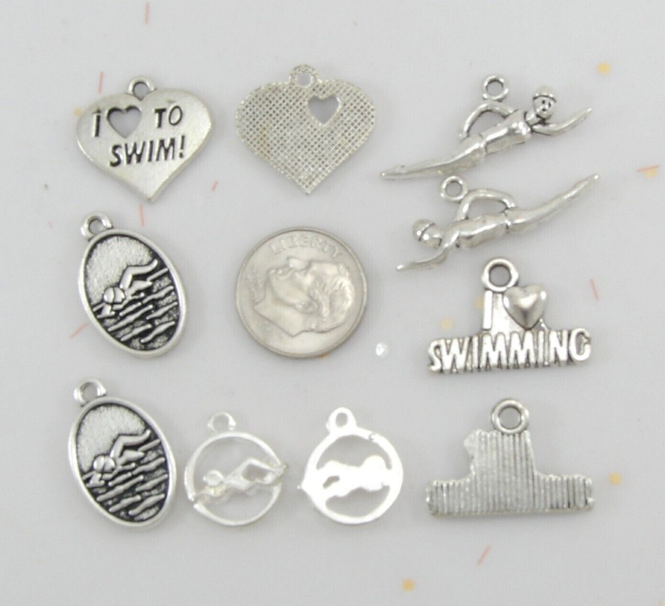 I LOVE SWIMMING Charms 3 Dimensional Swimmers Sports Silver-tone Mixed ...