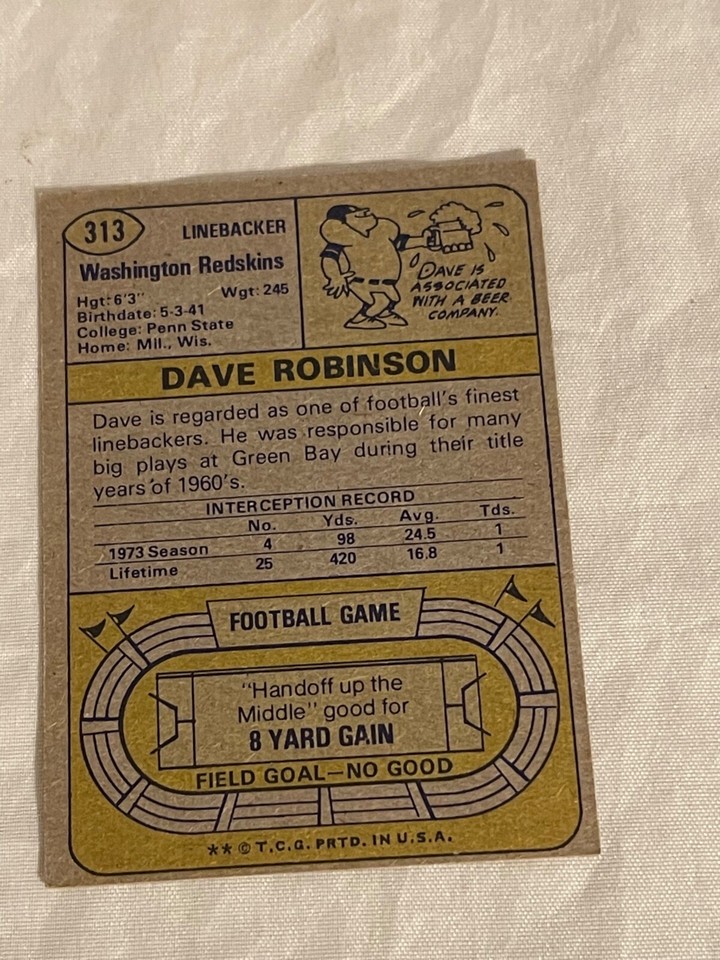 1974 Vintage Washington Redskins Dave Robinson Topps Football Trading ...