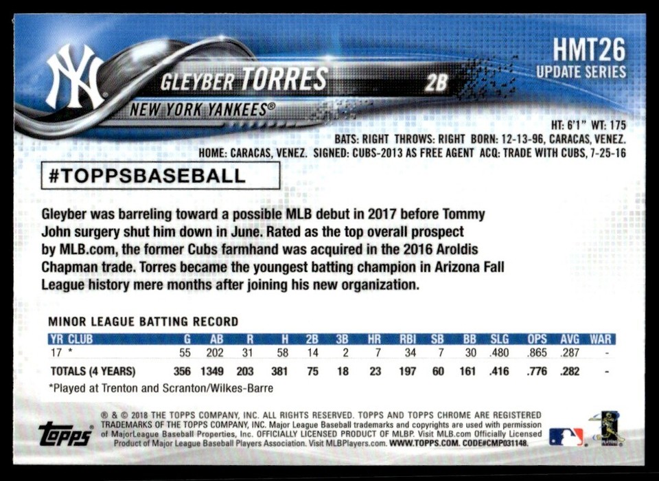 2018 Topps Chrome Update Edition Gleyber Torres Rookie G23 New York ...