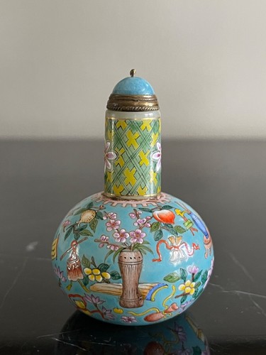 Vintage Chinese Aqua Ground Multicolor Hand Painted Peking Glass Bottle ...