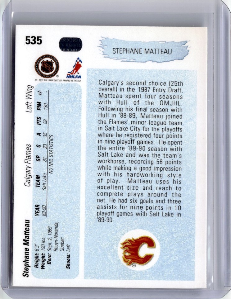 1990-91 Upper Deck Hockey Card Stephane Matteau Rookie Calgary Flames ...