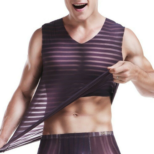 Mens Sexy Mesh T-shirt See Through Fishnet Gym Training Tank Top Vest ...