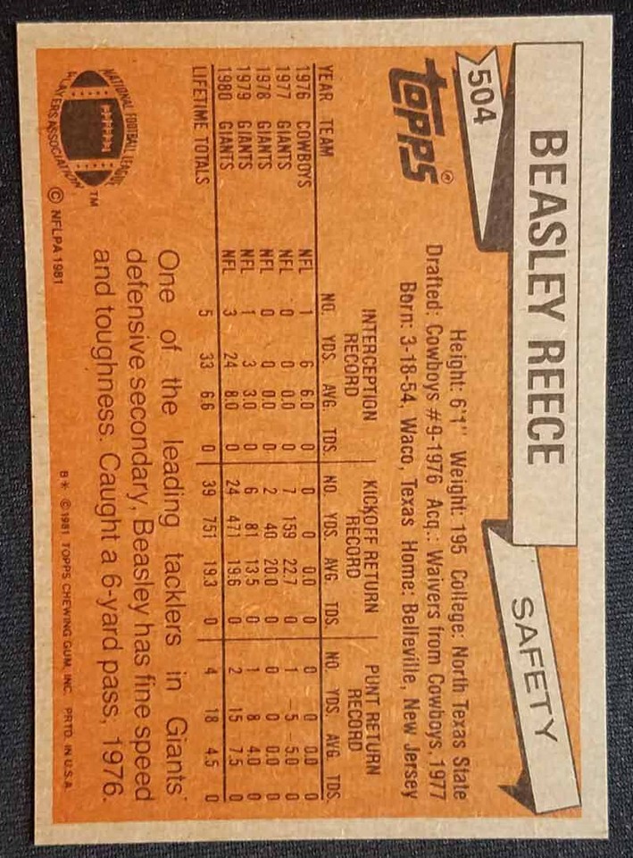 1981 Topps #504 Beasley Reece New York Giants NM-MINT++ | eBay