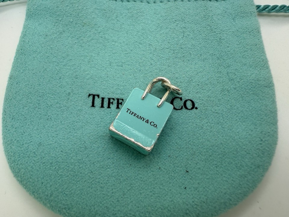 Tiffany Co Sterling Silver Blue Enamel Shopping Gift Bag Charm Pendant ...